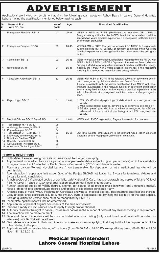 Lahore General Hospital Lahore LGH Jobs 01 Jun 2019 - Prepistan Jobs