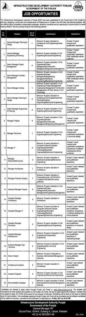 Jobs in Infrastructure Development Authority of Punjab IDAP in Lahore ...
