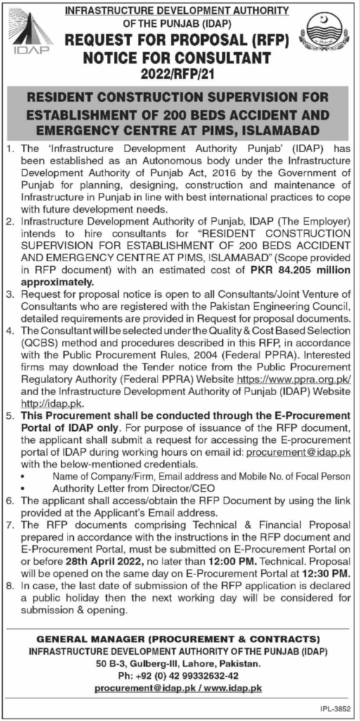 Consultancy Notice at Infrastructure Development Authority of Punjab ...